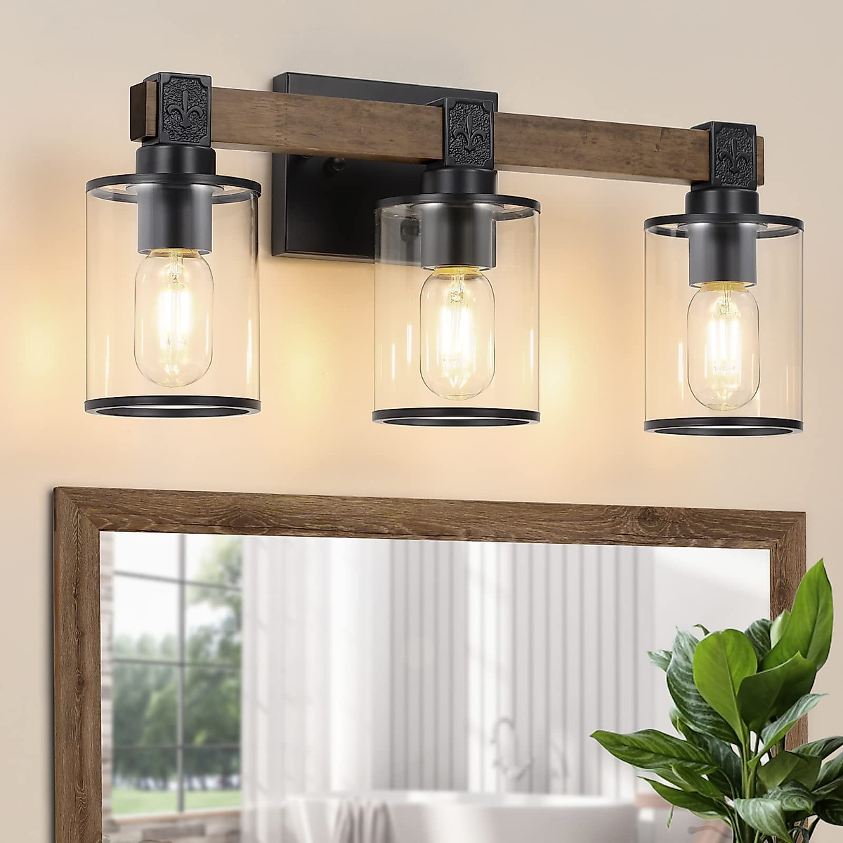 Elegant Wood Bathroom Vanity Light Over Mirror, 3 Lights Farmhouse Lights Fixtures, Rustic Wall Vanity Lighting Fixtures with Clear Glass Shade for Living Room, Bedroom, Hallway