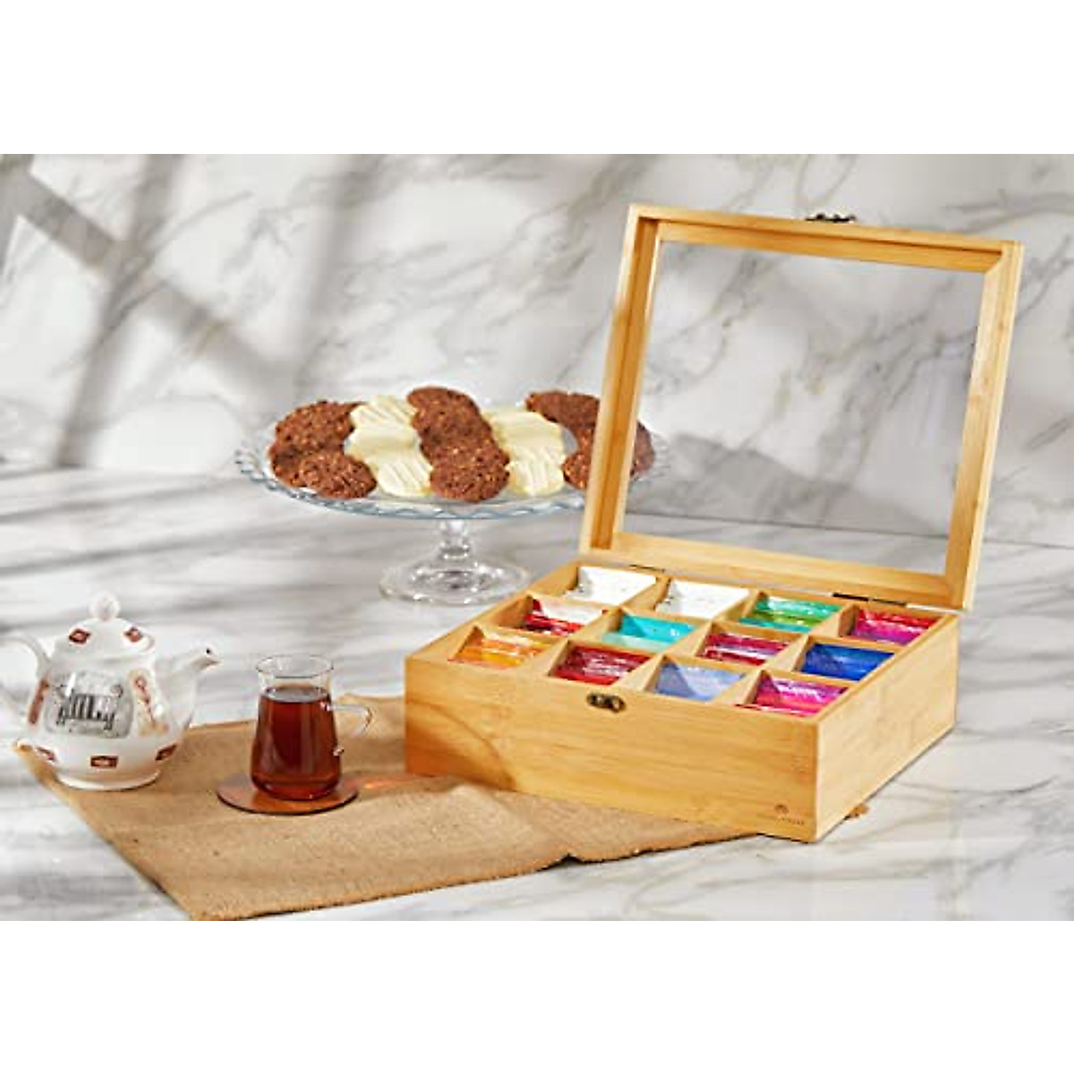 RoyalHouse Big Natural Bamboo Tea Storage Organizer with Clear Acrylic Top Window, 12 Compartments Eco-Friendly Tea Bag Holder, Multi-Functional Storage Box