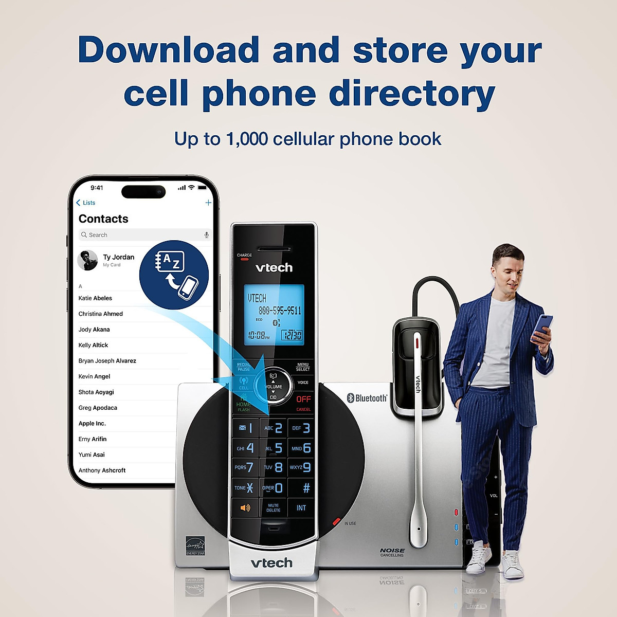 VTech Connect to Cell DS6771-3 DECT 6.0 Cordless Phone - Black, Silver, 6.9" x 4" x 6.6"