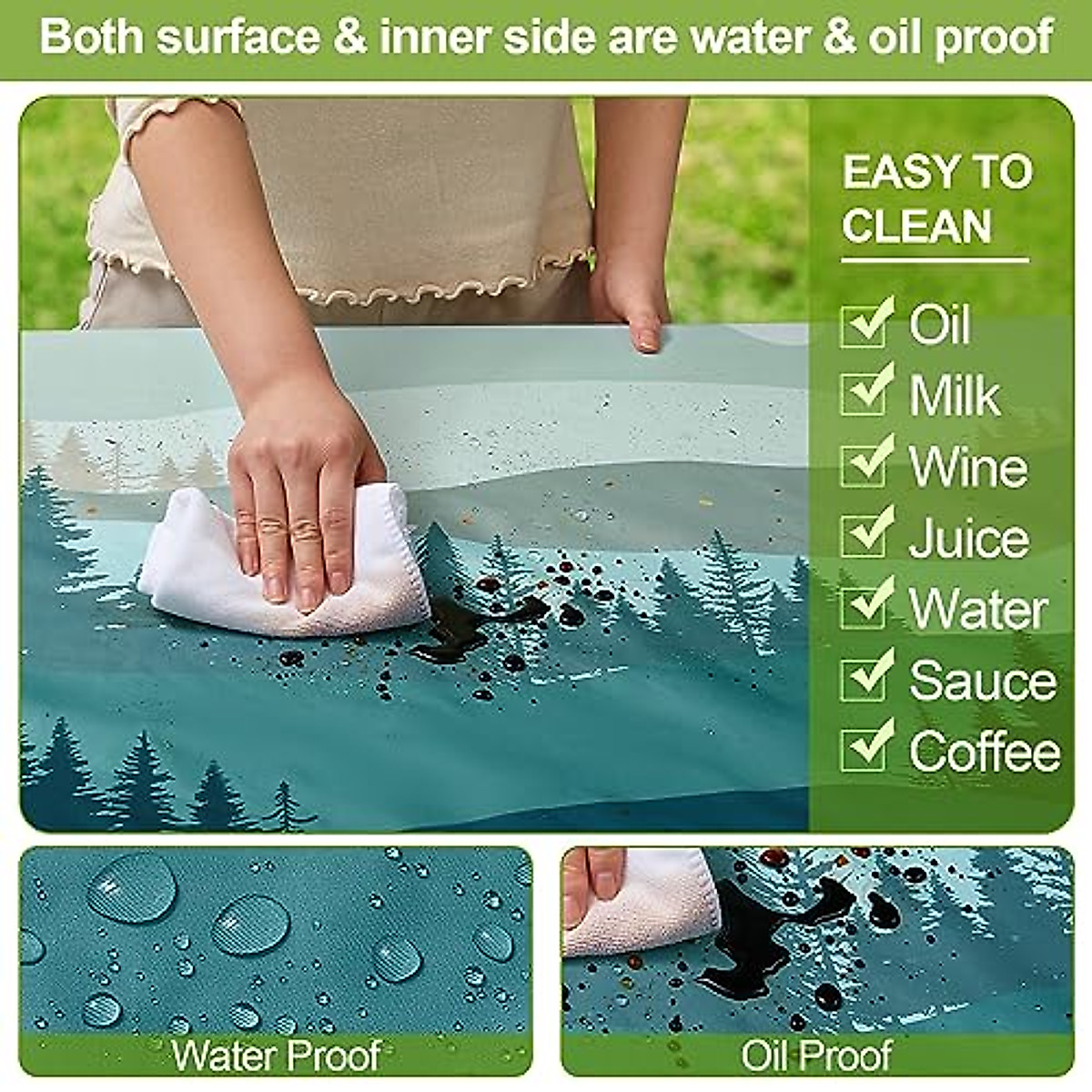 Picnic Table Cover with Bench Covers Camping Essentials Waterproof Windproof Camping Tablecloth with Drawstring Bag, Fitted Rectangle Tables and Seats, 96in, Green Blue