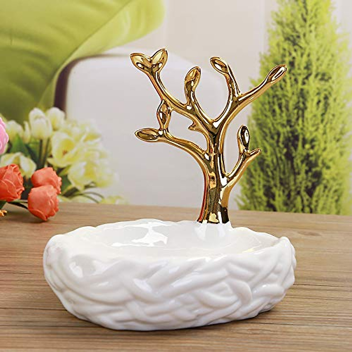 JJ Gifts Ceramic Gold Tree Twig with White Braided Birds Nest Soap Dish Jewelry Holder Organizer