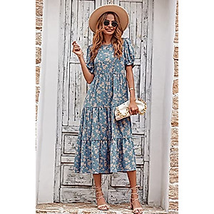 PRETTYGARDEN Women's Summer Casual Boho Dress Floral Print Ruffle Puff Sleeve High Waist Midi Beach Dresses (Blue Apricot,Medium)