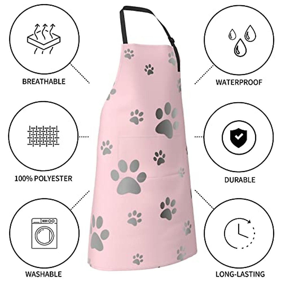 Perinsto Cute Dog Paws Pink Waterproof Apron With 2 Pockets Kitchen Chef Aprons Bibs For Cooking Baking Painting Gardening Grooming