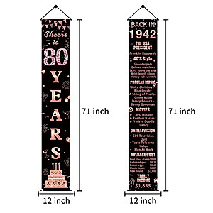 Pimvimcim 80th Birthday Door Banner Backdrop Decorations for Women, Rose Gold Cheers to 80 Years Back in 1942 Party Banner Supplies, Happy 80 Year Old Birthday Door Porch Sign Décor, Black