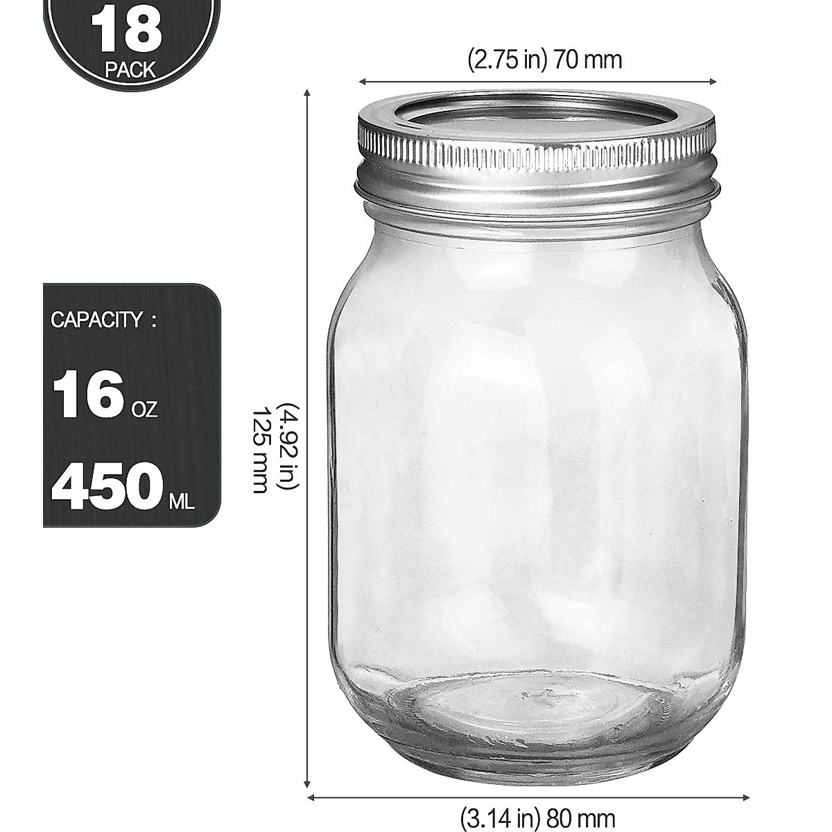 KAMOTA Mason Jars 16 oz With Regular Lids and Bands, Ideal for Jam, Honey, Wedding Favors, Shower Favors,DIY Spice Jars, 18 PACK, 20 Whiteboard Labels Included