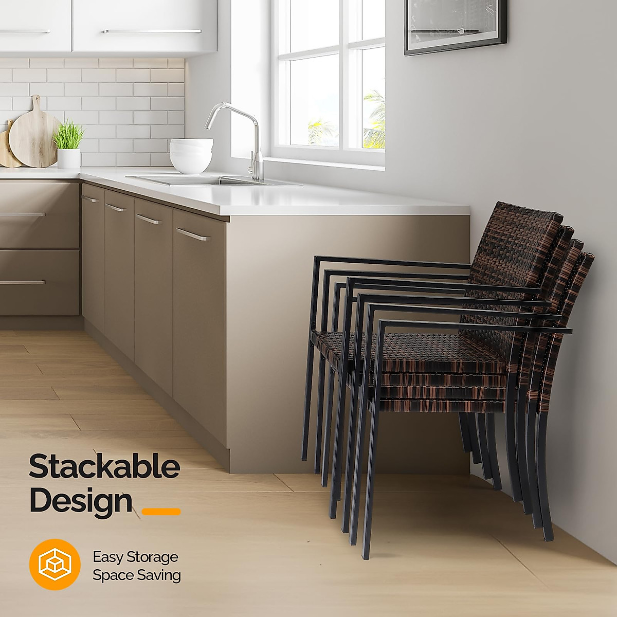 VINGLI Stackable Wicker Chairs Outdoor Dining Chairs Set of 4, All-Weather Patio Ratten Chairs Furniture for Garden Porch Backyard Deck Fire Pit, Capacity 350 lbs, Brown