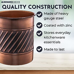 Monarch Abode Handcrafted Wave Embossed Large Metal Kitchen Countertop Utensil Holder Crock Caddy, Antique Copper Finish