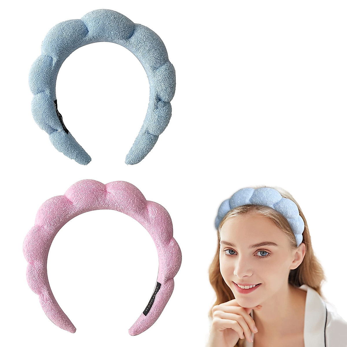 FRDTLUTHW Spa Headband for Washing Face, Terry Towel Cloth Fabric Hair Bands Makeup Head Bands for Women Girls(Pink&Blue, pack of 2)
