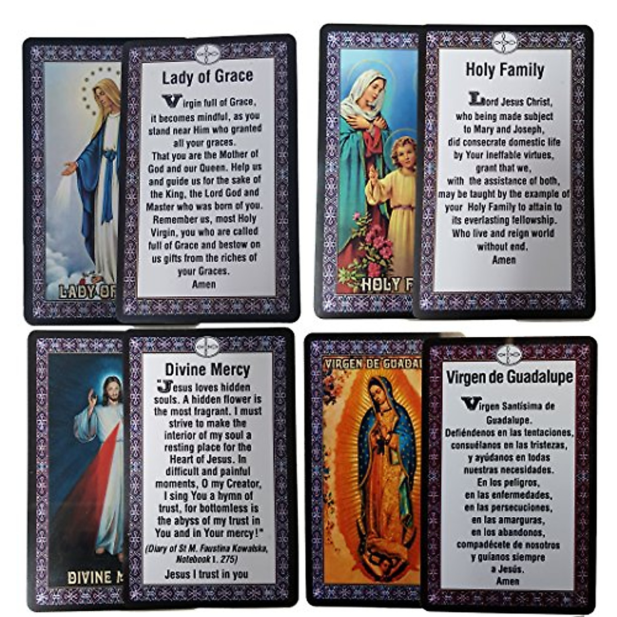 Catholic SET of 10 Holy Prayer Cards - New Plastic material! St Benedict St Jude St Michael St Christopher Holy Family L of Guadalupe L of Miraculous L of Grace L undoer of Knots Divine Mercy