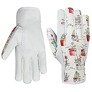 Worth Garden Gardening Gloves for Women - Cute Leather & Canvas Work Gloves Breathable Lightweight Fingertips Protection Adorable Potted Pattern - Gift for Gardeners