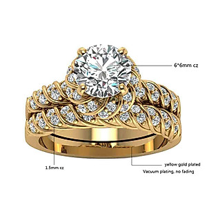 Ringcrown Bridal Sets Yellow Gold Plated Womens Wedding Ring Sets Round cut Cz Engagement Ring Sets