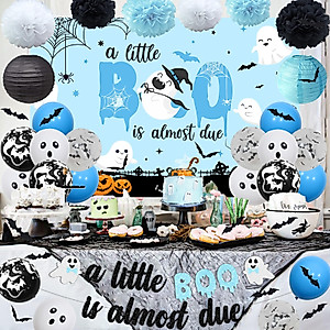 JOYMEMO Halloween Baby Shower Decorations Boy - A Little Boo is Almost Due Backdrop with Banner Blue and Black, Paper Lanterns Pom Poms, Bat Wall Stickers for Pregnancy Celebration Newborn Party