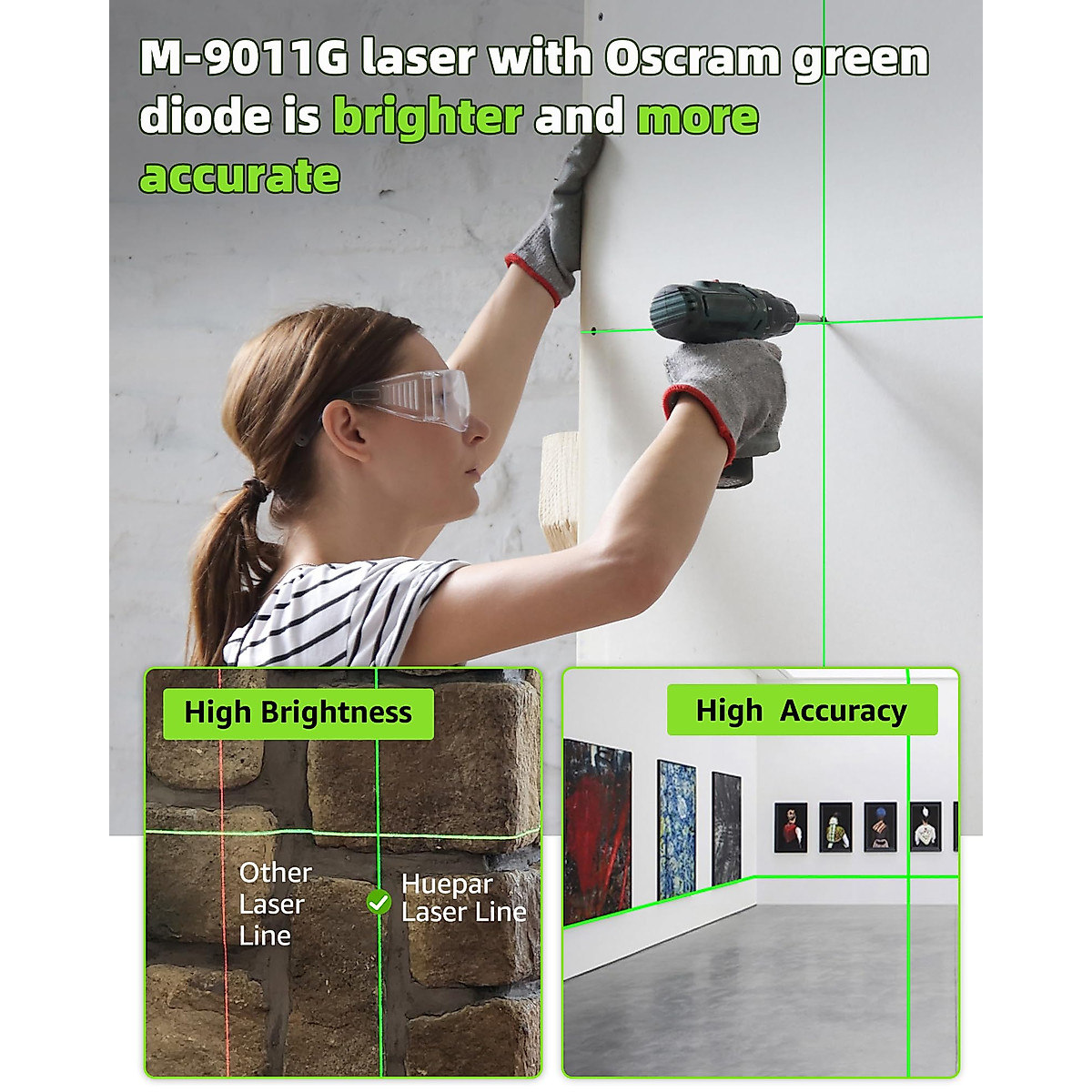 HUEPAR Laser Level Self-Leveling - 100 feet DIY Bright Green Cross Line Laser Leveler for Picture Hanging, Tile, Decoratio and Construction Indoor Project, 360° Magnetic Base & Battery Included