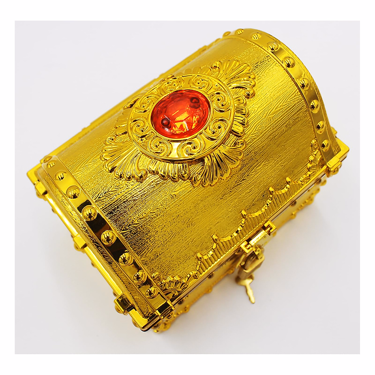 Pemalin Kids Pirate Treasure Chest Large Size Storage Box, Gem-encrusted Gold Decorative Chest with Lock and Key for Kids Birthday, Halloween, Christmas Pirate Party Favors