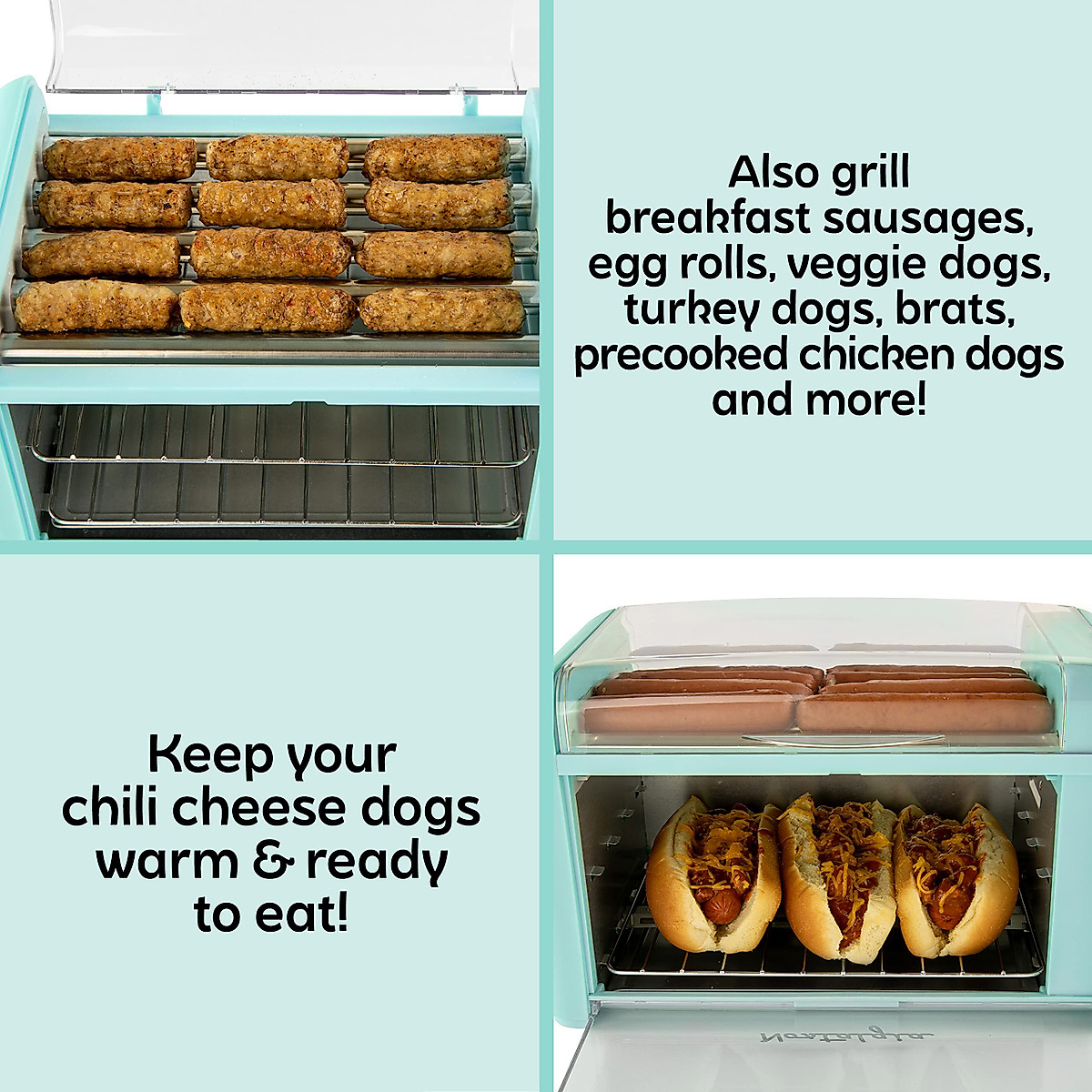 Nostalgia Extra Large 8-in-1 Hot Dog & Bun Warmer, Stainless Steel Grill Rollers, Non-stick Warming Racks, Adjustable Timer