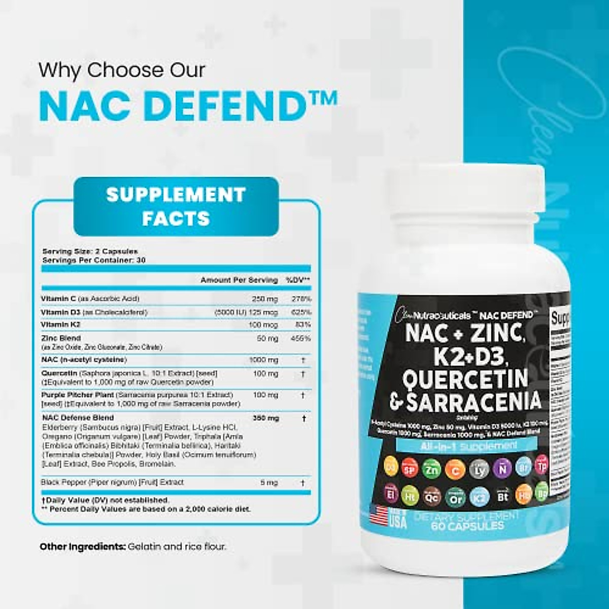 NAC Supplement N-Acetyl Cysteine 1000mg Vitamin D3 K2 Zinc Quercetin 1000mg Sarracenia Purpurea 1000mg with Elderberry Holy Basil Bee Propolis Bromelain L-Lysine Made in USA - 60 Count