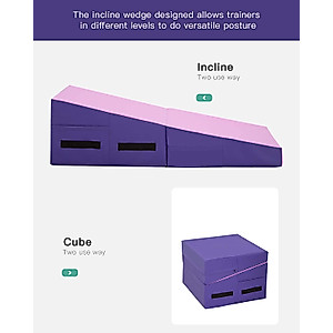 Incline Mat Gymnastics Mat Cheese Mat Tumble Mats, Folding Exercise Yoga Mat for Kids, Gym Mats Tumbling Mats Workout Aerobics Wedge Mat for Home Gymnastics, Pink 48"x24"