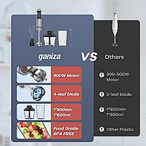 Ganiza Immersion Blender 5 in 1 Hand Blender 800W Heavy Duty Motor, 15 Speed and Turbo Mode Handheld Blender Stainless Steel Blade With 800ml Mixing Beaker, 600ml Chopper, Whisk and Milk Frother (Silver-1)
