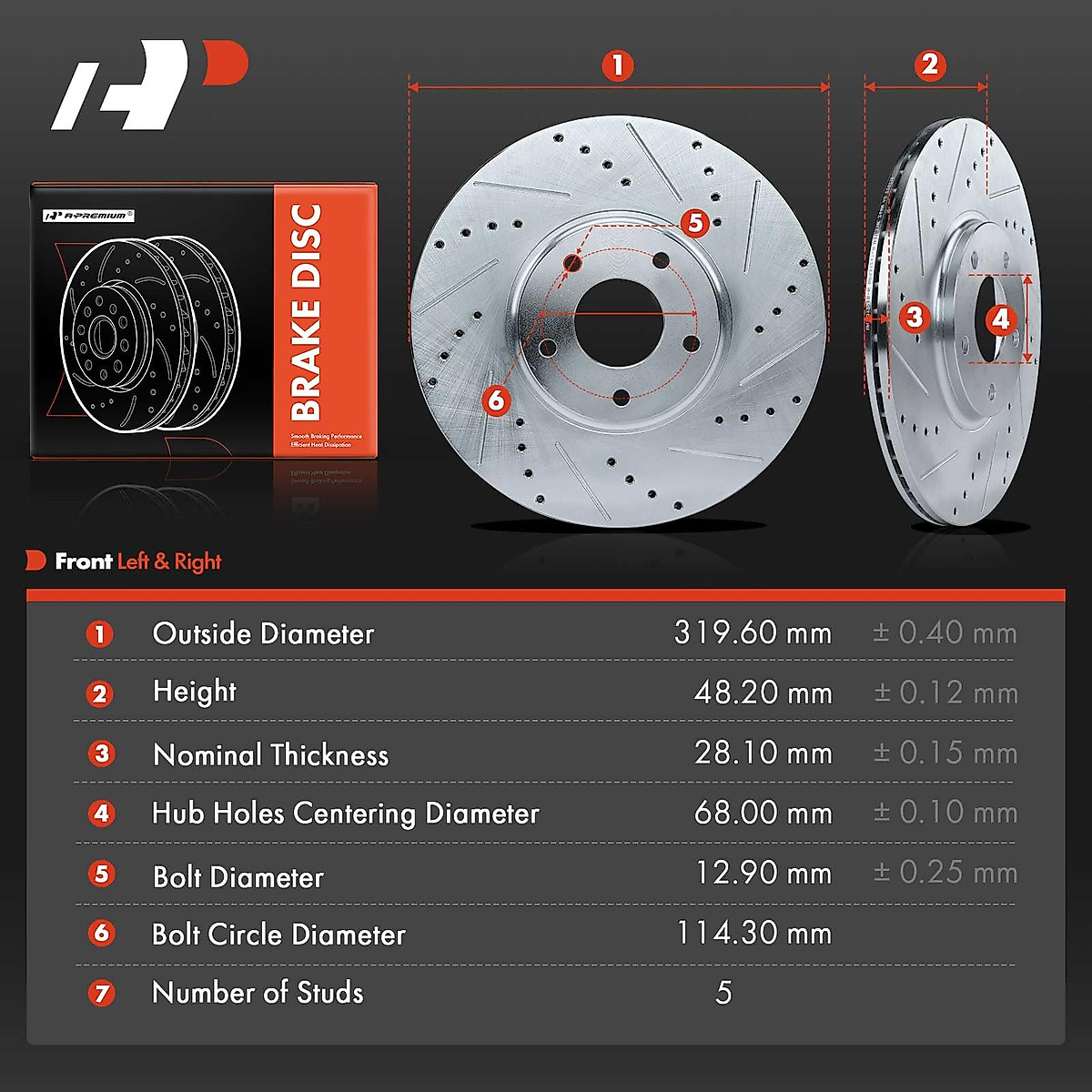 A-Premium 12.58 inch (319.6mm) Front Drilled and Slotted Disc Brake Rotors Compatible with Select Nissan and Infiniti Models - Altima, Murano, Maxima, 350Z, 370Z, G25, G35, G37, QX50, M35, 2-PC Set