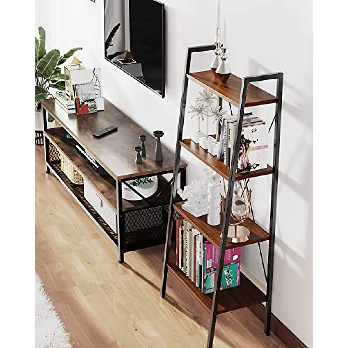 FURNINXS Ladder Shelf Bookcase, Bookshelf 4 Tier, Industrial Standing Shelf Storage Rack Storage Organizer Plant Stand, Steel Frame Book Shelf for Living Room/Bedroom/Kitchen/Bathroom - Red Brown