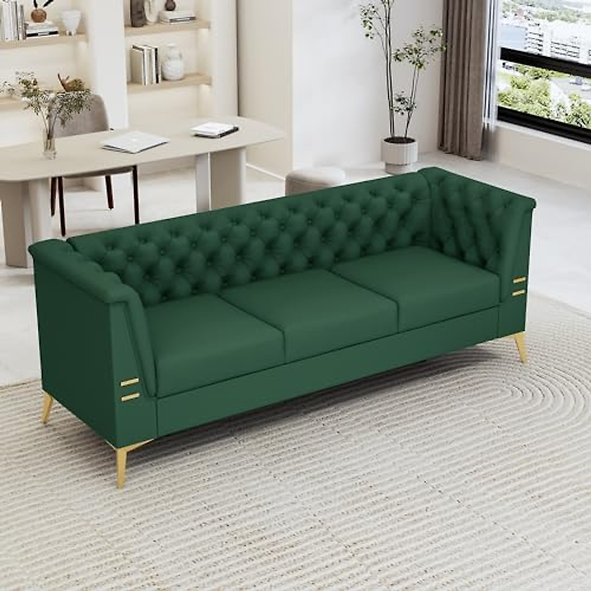 ERYE Mid-Century Modern PU Leather Button Upholstered Chesterfield 3 Seaters Sofa Couch, Golden Legs, Flared Padded Armrest,Removable Cushions Cover for Living Room,Bedroom,Office,Apartment