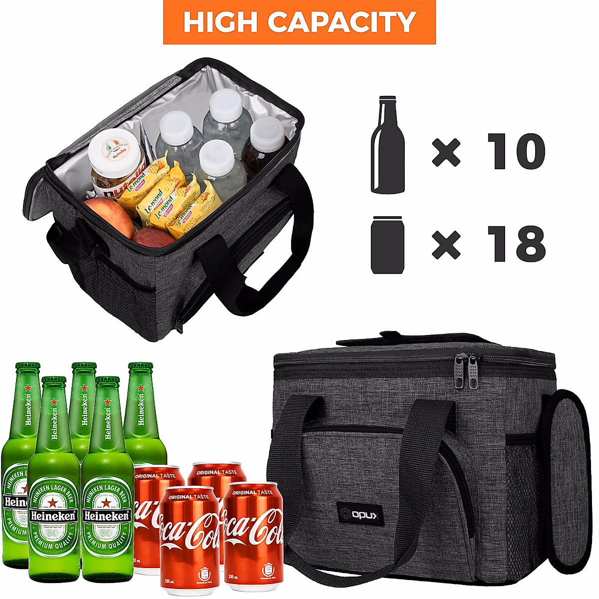 OPUX Insulated Collapsible Soft Cooler 9 Quart | Lunch Bag for Men, Small Travel Cooler for Camping, Family, BBQ, Picnic, Beach, Car, Soft-Sided Leakproof Lunch Box for Work | Fits 16 Cans (Charcoal)