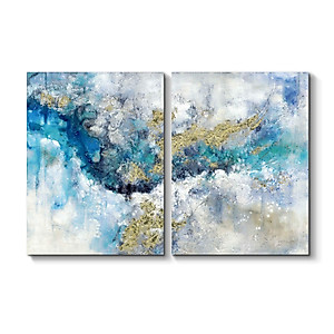 TAR TAR STUDIO Abstract Canvas Artwork Wall Art: White and Blue Painting Hand Painted Picture for Bedroom (18''W x 24''H x 2 PCS)