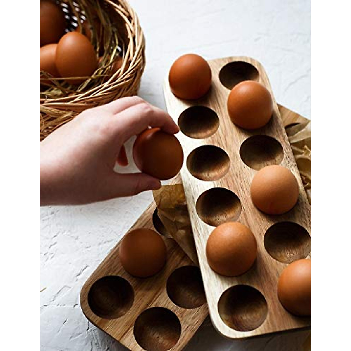 Wooden Egg Holder by ILLATO, Premium Acacia Wood Egg Tray, 12 Holes Egg Plate, Countertop Egg Tray, Tabletop Display or Refrigerator Storage, Deviled Egg Holder, Wooden Egg Skelter, Egg Tray