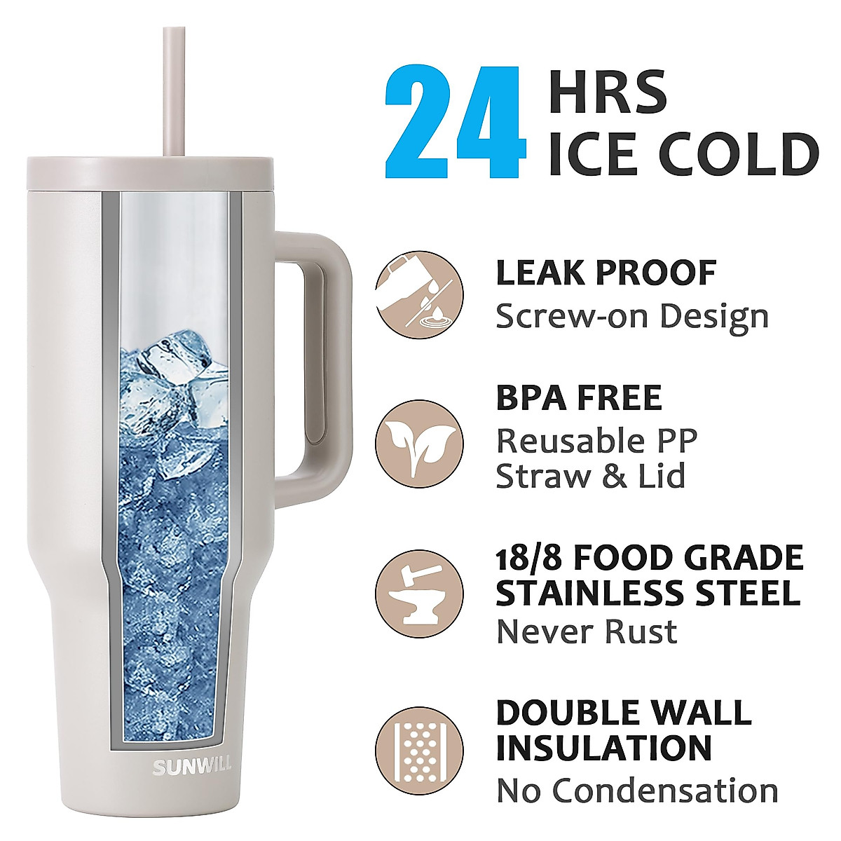 SUNWILL Travel Coffee Tumbler with Lid and Straw, 40 oz Tumbler with Handle, Tumbler Cups, Insulated Reusable Stainless Steel Coffee Mug for Office and Home, Cupholder Friendly, Almond