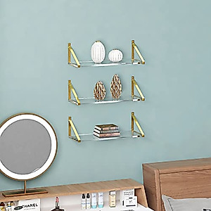 Gold Shelves Crystal-Clear Acrylic Floating Shelves,Gold Floating Shelves,Gold Wall Shelf,Sturdy Thickness 10mm(0.4inch) Acrylic Shelves for Wall Decor,Gold Shelving for Living Room Decor Set of 3.
