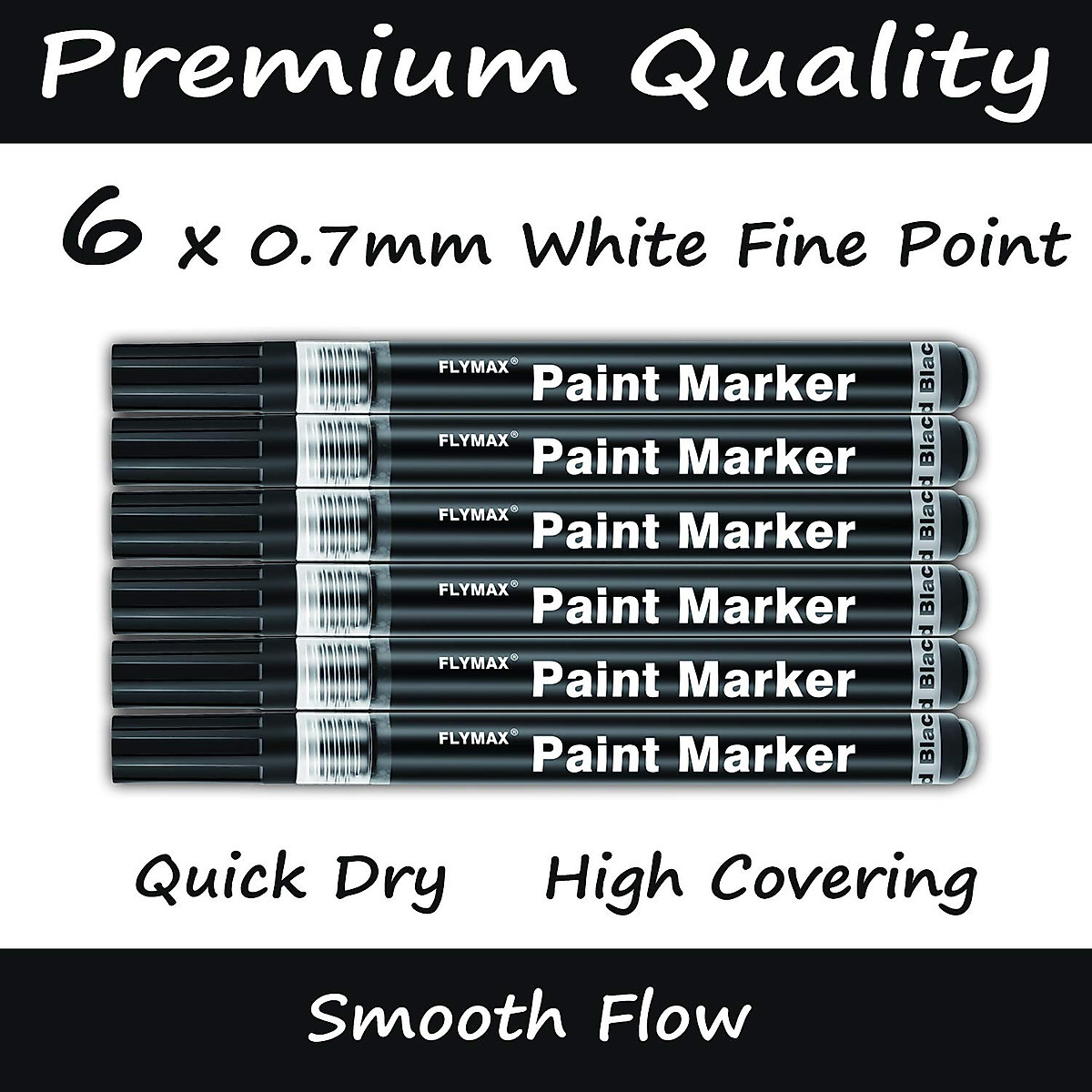 FLYMAX Black Paint Pen, 6 Pack 0.7mm Acrylic Black Permanent Marker for Glass Ceramic Rock Leather Plastic Stone Metal Canvas Enamel Waterproof Writing Extra Fine Point