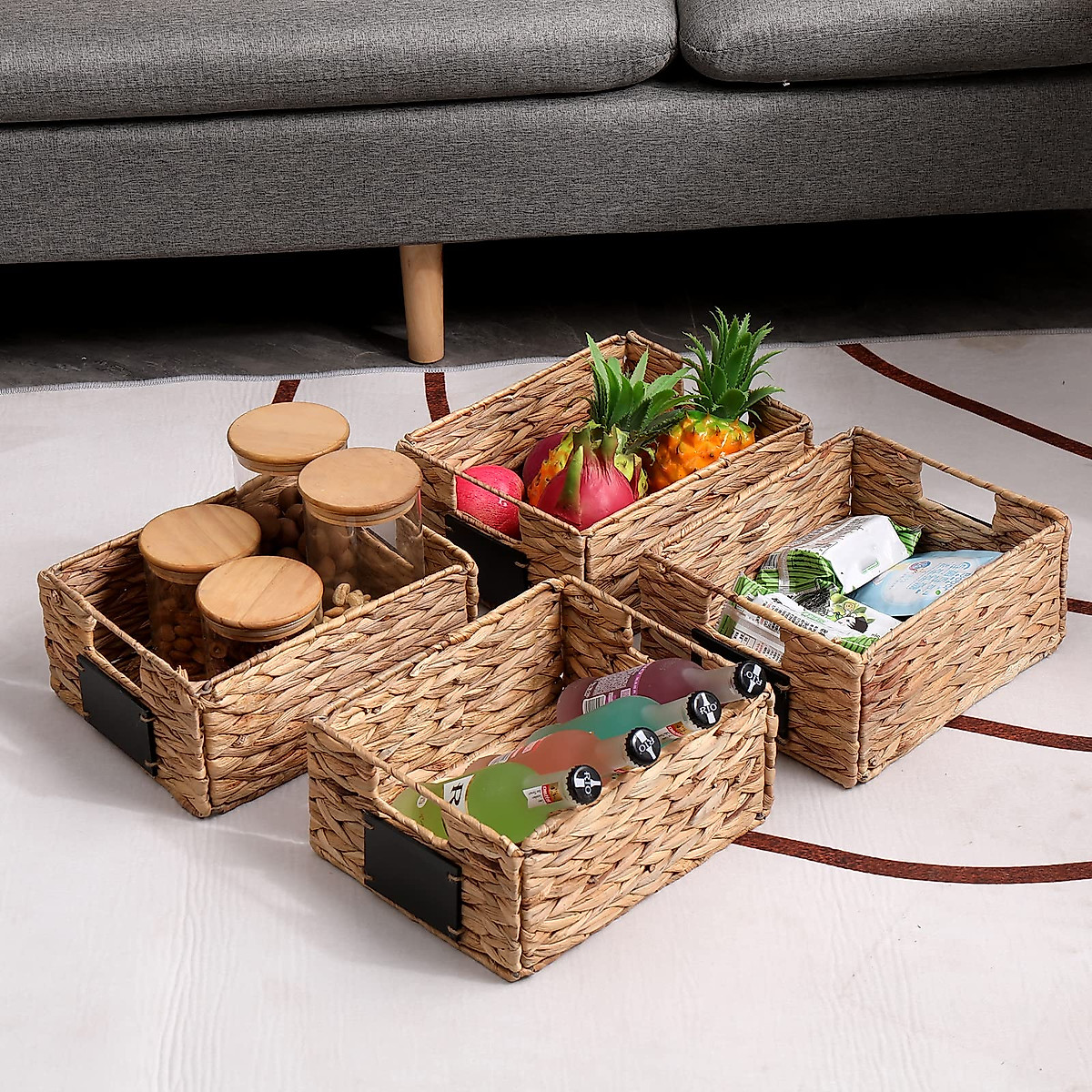Rectangular Seagrass Baskets Hanging Storage Baskets Kitchen Storage Basket,Foldable Water Hyacinth Basket,Woven Kitchen Organizer with Labels&White Chalk Markers,Set of 4 Pcs,10.8x9x4.9inch