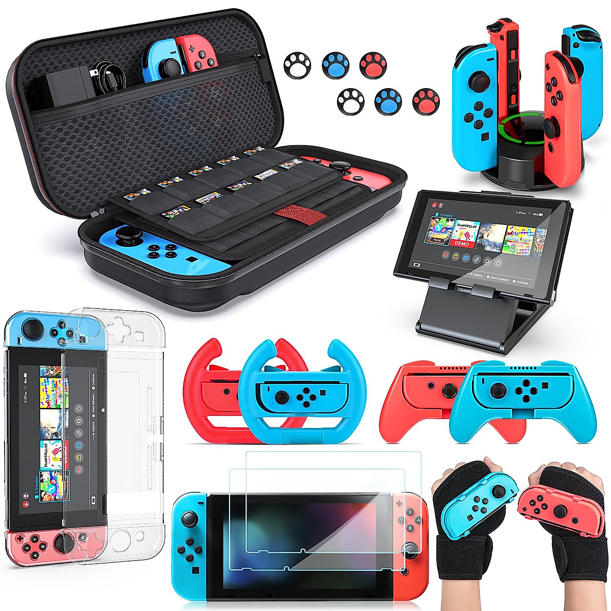 Switch Accessories Bundle, innoAura 20 in 1 Switch Accessories Kit Include Wrist Straps, Switch Carry Case, J-con Charging Dock, J-con Grips & Racing Wheels
