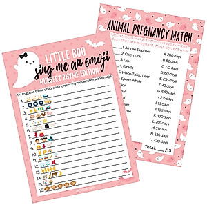 DISTINCTIVS Pink A Little Boo is Almost Due Girl Baby Shower Games - Animal Pregnancy and Emoji Picture Guessing Game (2 Game Bundle) - 20 Dual Sided Cards, Halloween Baby Shower