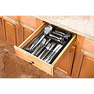 Flatware Drawer Organizer - Slip Resistant Kitchen Tray with 6 Sections to Neatly Arrange Cutlery and Serving Utensils. Also Great to Keep Your Desk Drawer and Office Supplies Well Organized (Black)