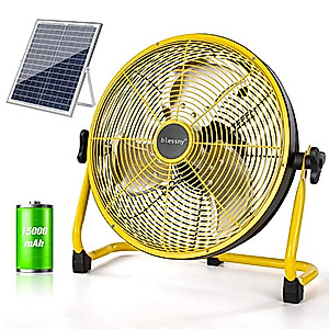 blessny 14 Inch Rechargeable Floor Fan Solar Powered, 15000mAh battery Portable Cordless Floor Fan with 12 Speeds Metal Blades for Outdoor, Camping, BBQ, Fishing