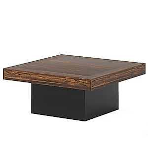 Tribesigns Farmhouse Coffee Table Square LED Coffee Table Engineered Wood Coffee Table for Living Room Rustic Brown & Black Low Coffee Table