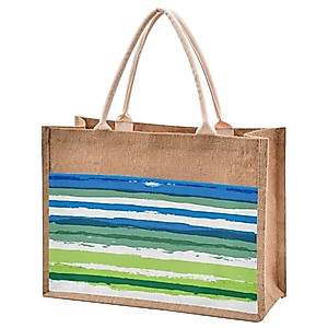 Jute Burlap Tote Watercolor Striped Stripes Vintage Green Blue Large Beach Bag Reusable Grocery Shopping Storage Bag