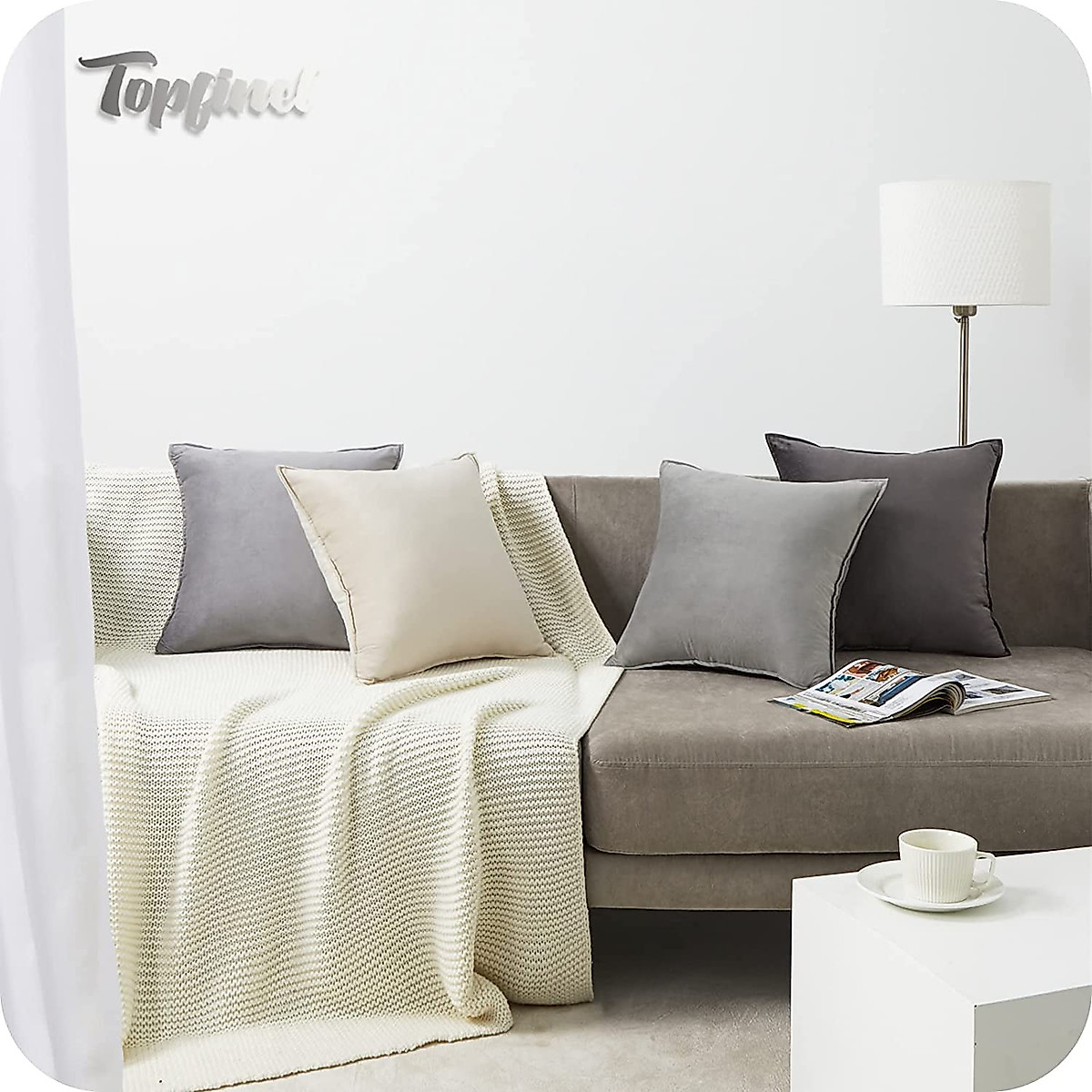 Topfinel Gray Throw Couch Pillows Covers for Living Room,Soft Velvet Square 18 Inches (18x18) Pillow Covers Set of 4,Grey Pillow Set Neutral Room Decor for Bed Sofa Chair