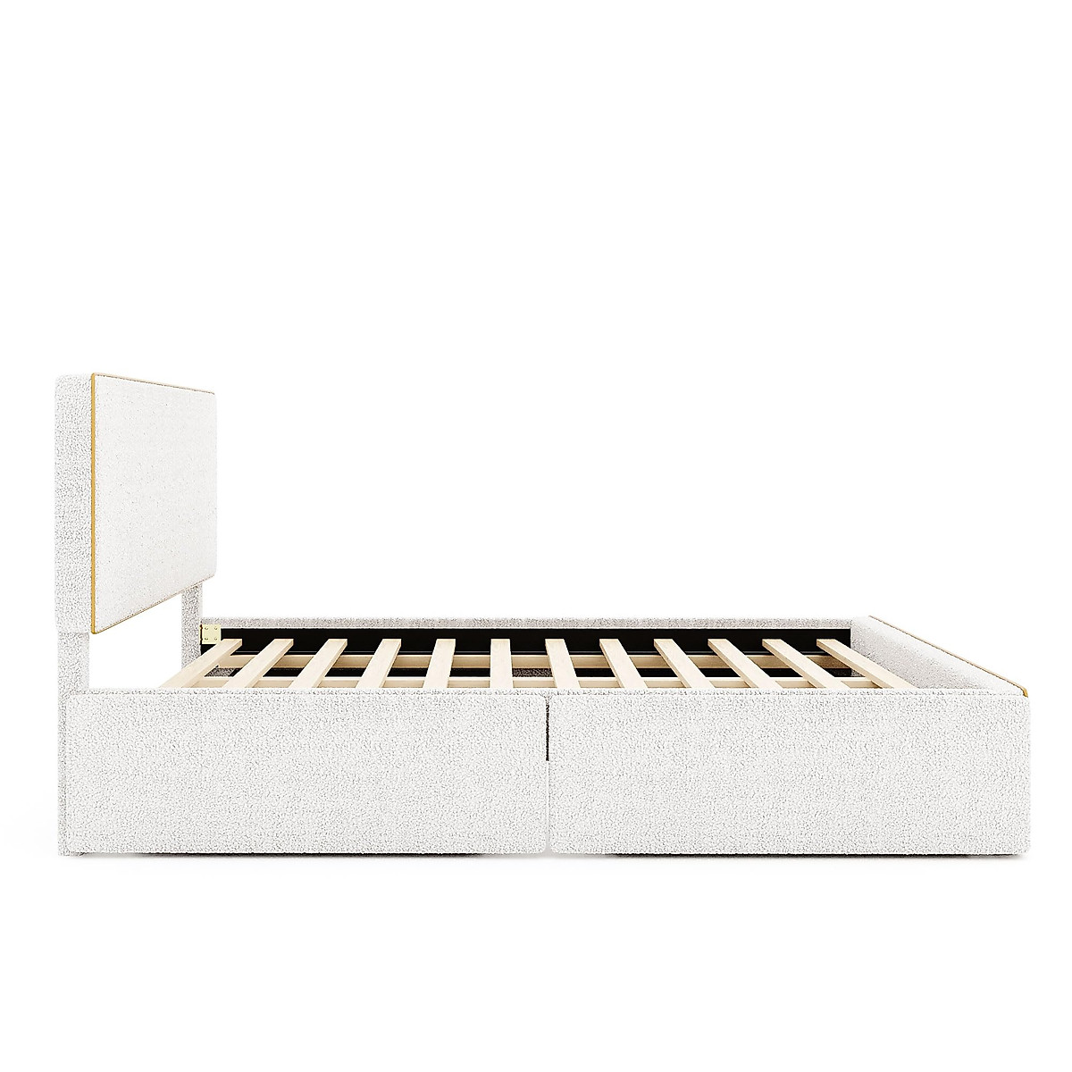 Queen Size Bed Frame with 4 Storage Drawers, Modern Upholstered Platform Bed with White Edge On The Headboard & Footboard, Wood Slat Support, No Box Spring Needed (White-Queen)