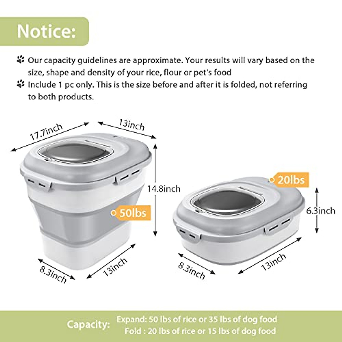 Rice Container Cereal Food Storage, Lockcoo Collapsible Airtight Rice Dispenser 20 to 50 Lbs with Measuring Cup & Wheels, Dry Food Flour Sugar Storage Container Large Kitchen Pantry Holder, Grey