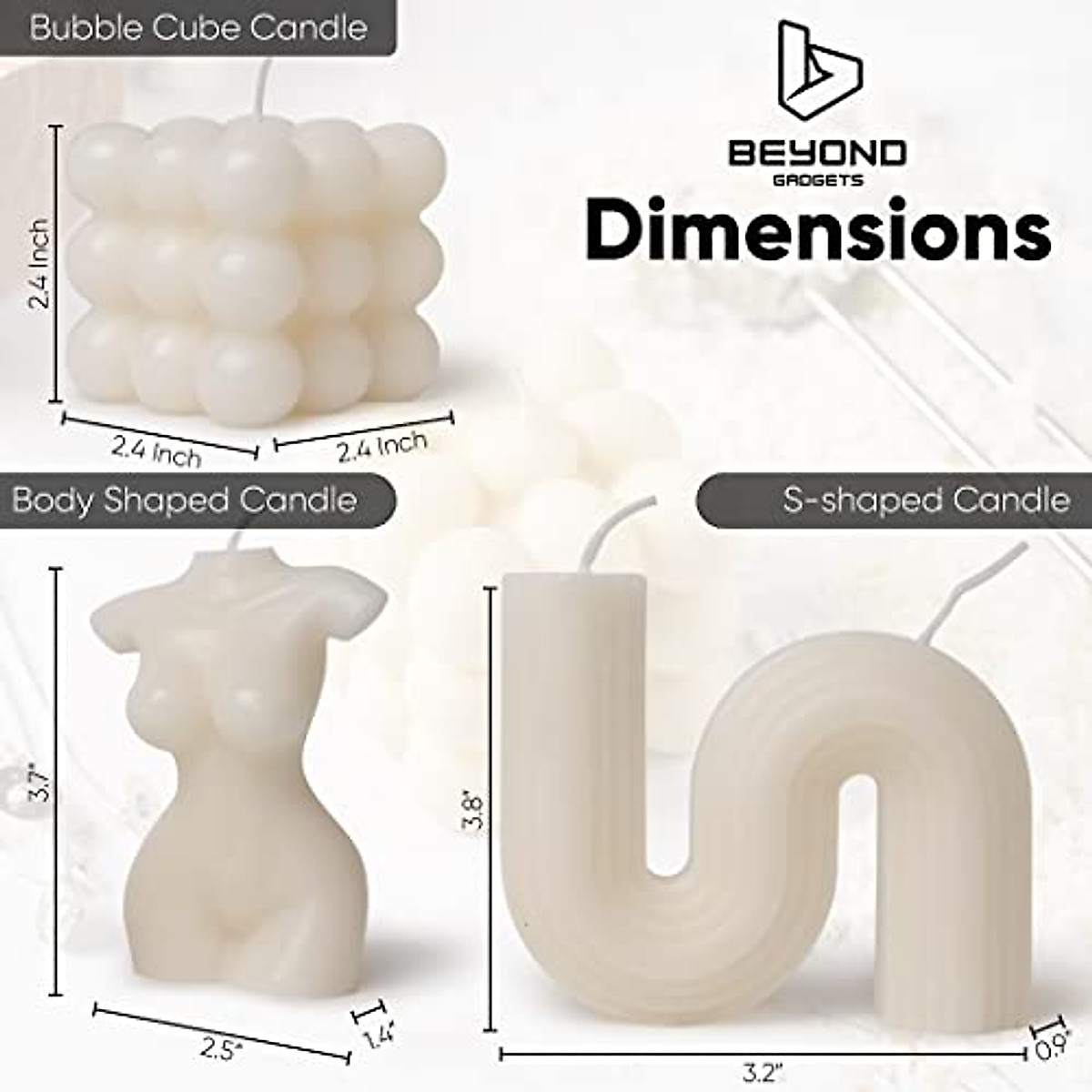 Beyond Gadgets | Natural Soy Wax Decorative Candles | Set of 3 - Includes Women Body Candle + Bubble Cube Candle + S-Shaped Candle | Freesia Scent