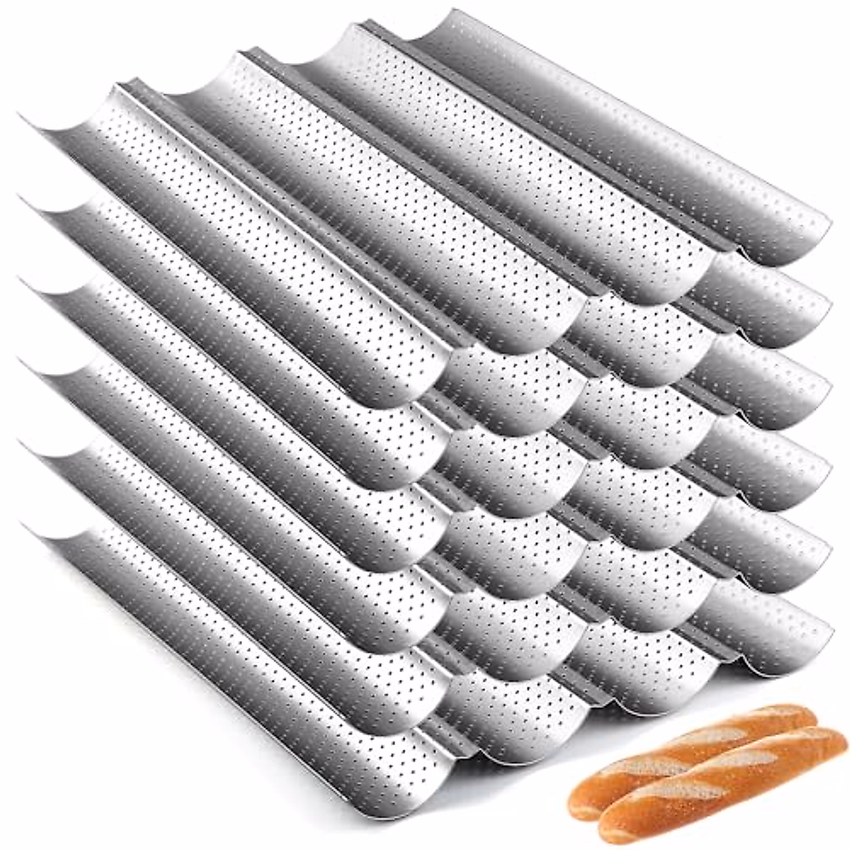 Mifoci 6 Pcs Non Stick Baguette Pan 15" x 13" Bread Pan Carbon Steel Mold Perforated 4 Wave Loaves Loaf Oven Tray for Sourdough French Bread Baking(Silver)