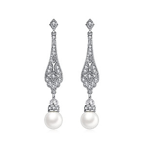 PAENENPH 14k Gold Pearl Crystal Drop Earrings, Elegant Freshwater Cultured Pearl Earrings for Women, Fashion Jewelry Gift for Her