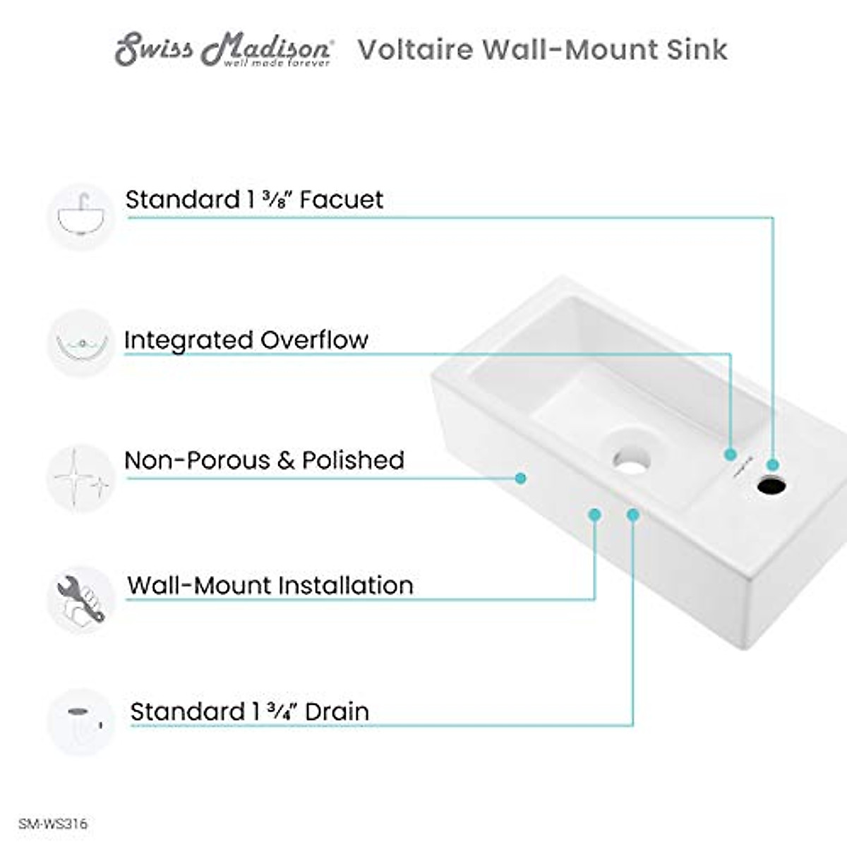 Swiss Madison Well Made Forever SM-WS316 Voltaire Wall Hung Sink, Glossy White