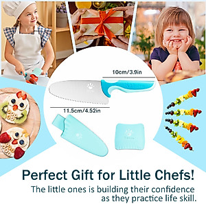 Kids Knife for Real Cooking, Montessori Children's Knife with Firm Grip, Stainless Steel Kids Safety Chef Knife with Finger Guard, Round Tip, Serrated Edges, BPA-Free (Blue)