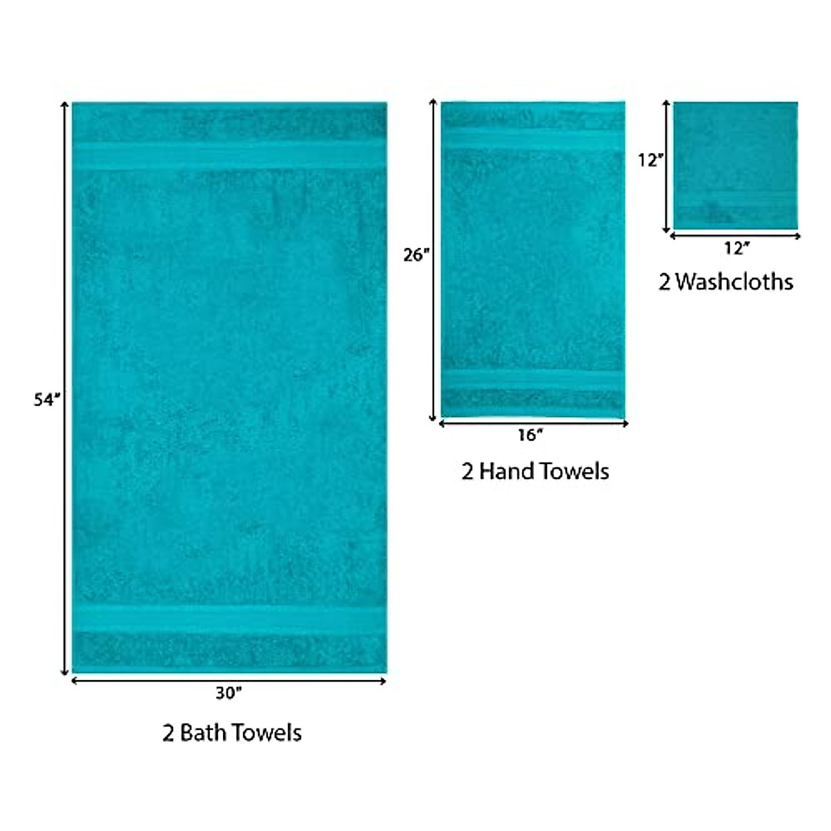 TRIDENT 6 Piece Bath Towels Set for Bathroom - 2 Bath Towel, 2 Hand Towel, 2 Washcloth 100% Cotton Soft and Plush Highly Absorbent, Soft Towel for Hotel & Spa - Aqua Green Teal