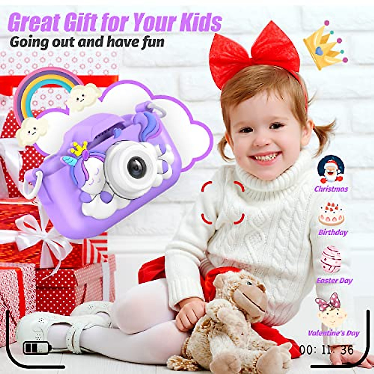 Upgrade Unicorn Kids Camera, Christmas Birthday Gifts for Girls Boys Age 3-12, 1080P HD Selfie Digital Video Camera for Toddlers, Cute Portable Little Girls Boys Gifts Toys for 3 4 5 6 7 8 9 Years Old