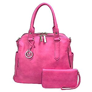Zzfab Leatherette Triple Compartments Satchel Purse and Wallet Set (Hot Pink)