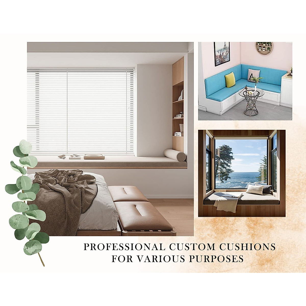 GOLDWAYE Custom Bench Cushion Indoor Piping Window Seat Cushion for Indoor Furniture High Density Foam Cushion for Storage Bench Kitchen Chair Cushions Foam Pads Couch Cushions